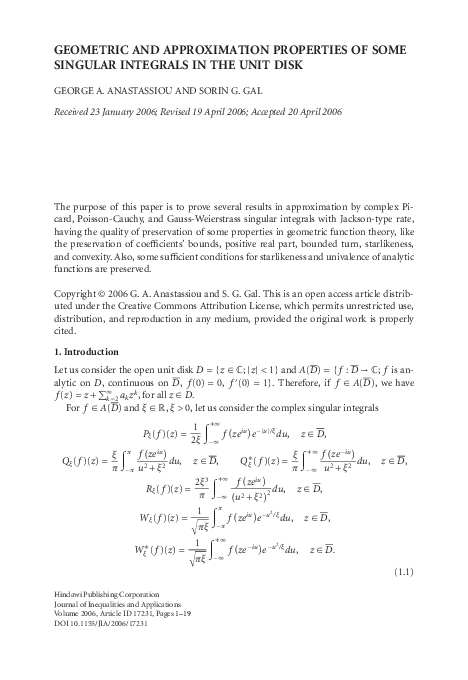 (PDF) Geometric and approximation properties of some singular integrals in the unit disk