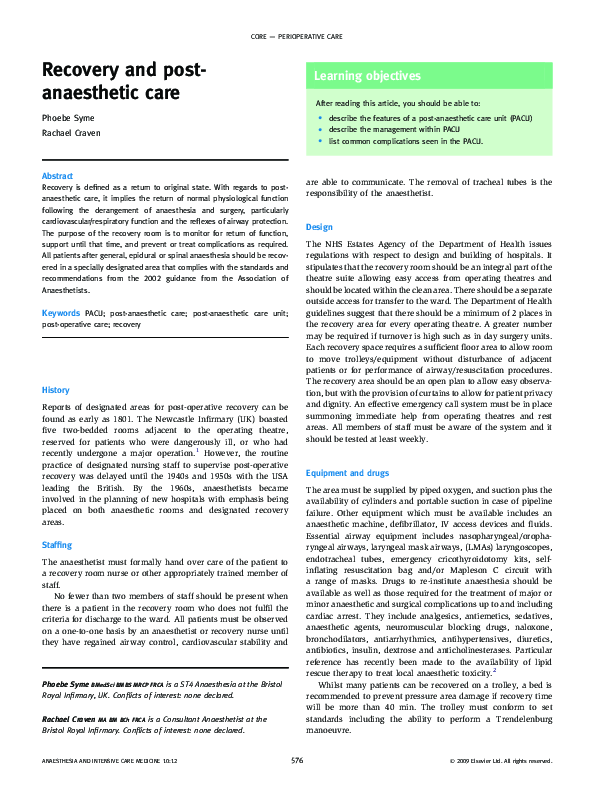 (PDF) Recovery and post-anaesthetic care