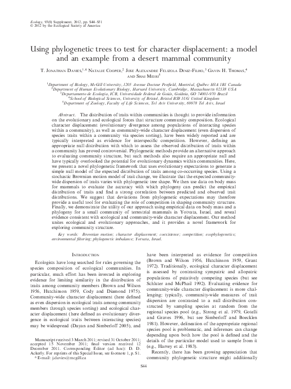 (PDF) Using phylogenetic trees to test for character displacement: a ...