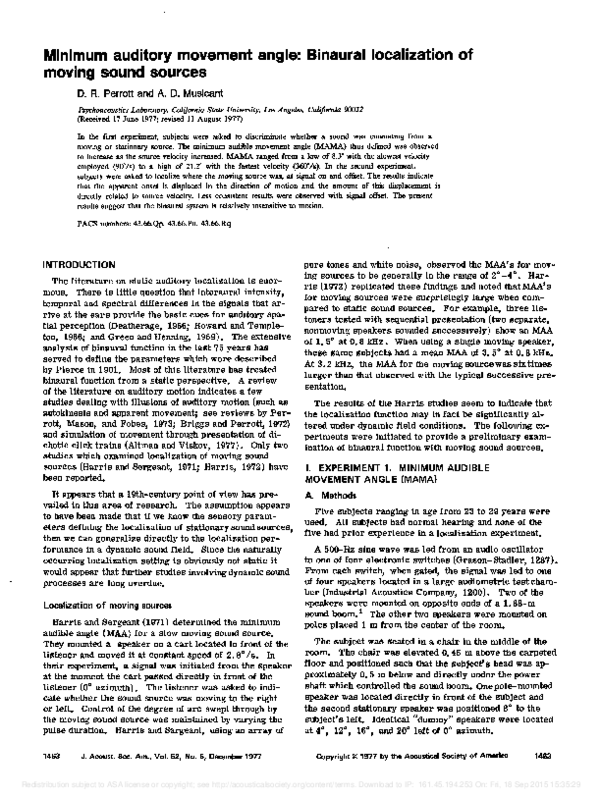 (PDF) Minimum auditory movement angle: Binaural localization of moving sound sources