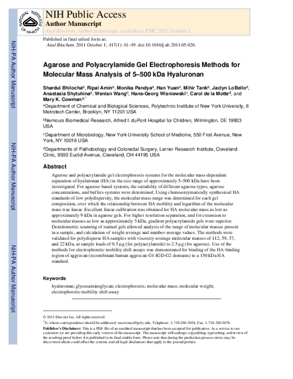 (PDF) Agarose and polyacrylamide gel electrophoresis methods for ...