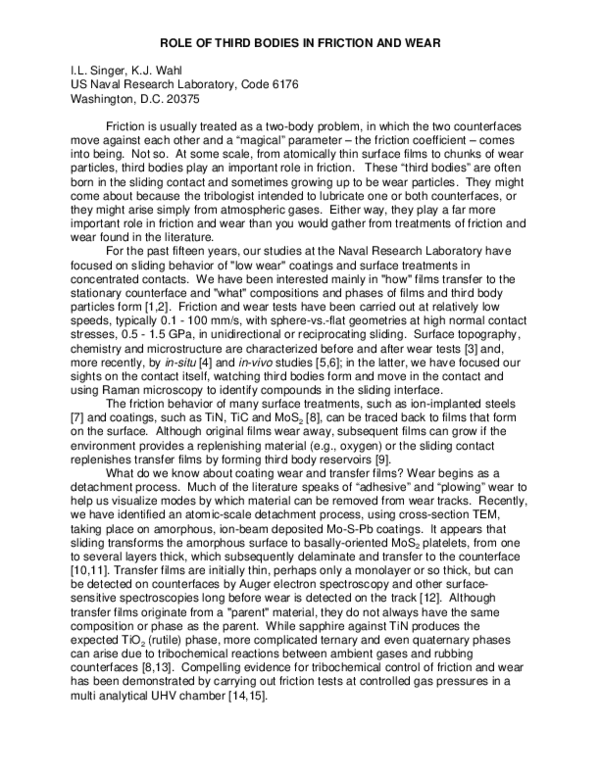 Pdf Role Of Third Bodies In Friction And Wear