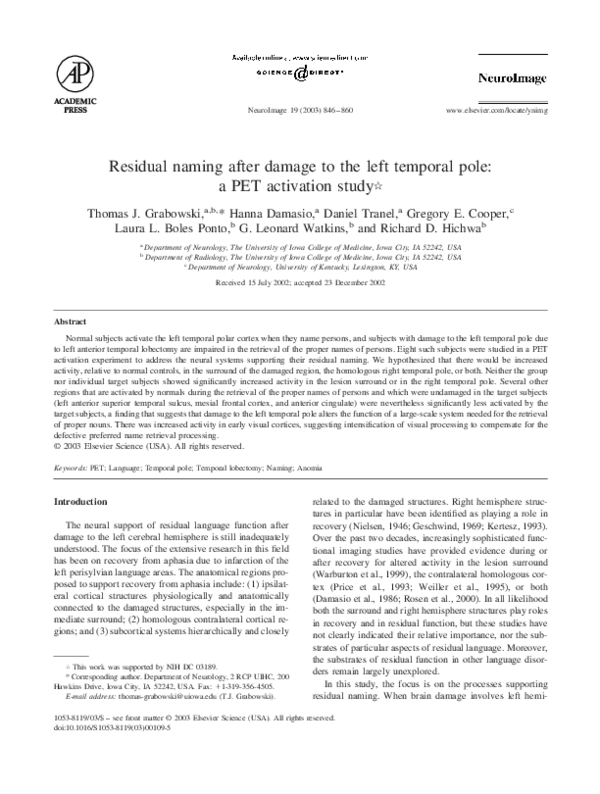(PDF) Residual naming after damage to the left temporal pole: a PET ...