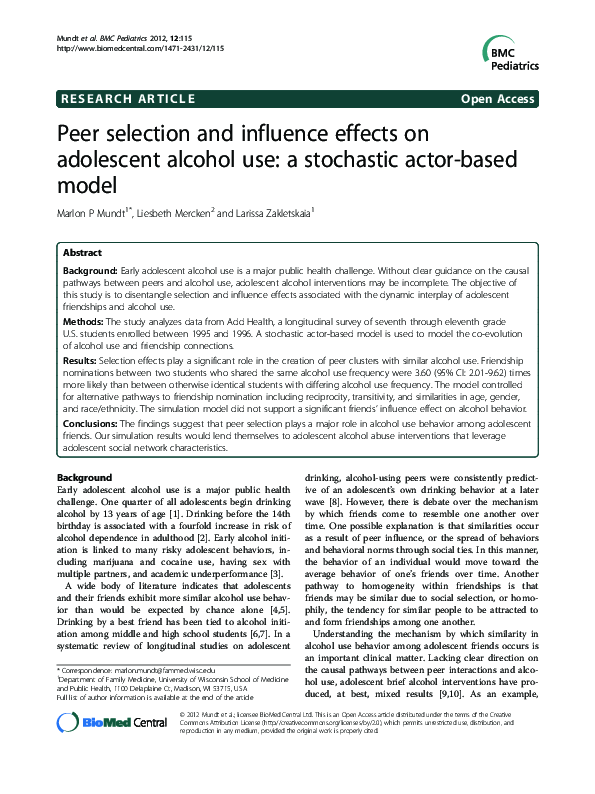 (PDF) Peer selection and influence effects on adolescent alcohol use: a stochastic actor-based model