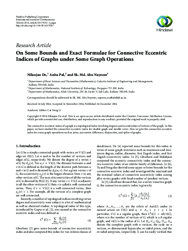 (PDF) On Some Bounds and Exact Formulae for Connective Eccentric ...