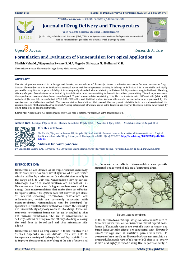 (PDF) Formulation and Evaluation of Nanoemulsion for Topical Application