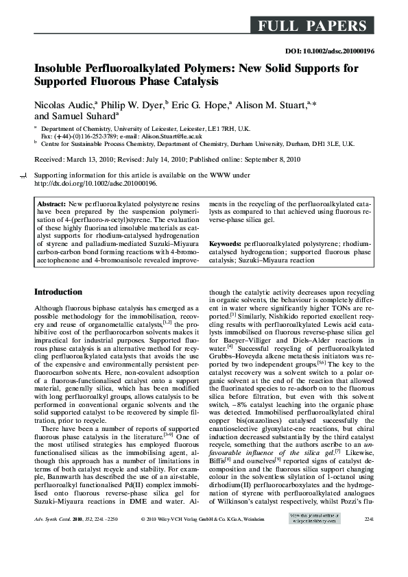 (PDF) Insoluble Perfluoroalkylated Polymers: New Solid Supports for ...