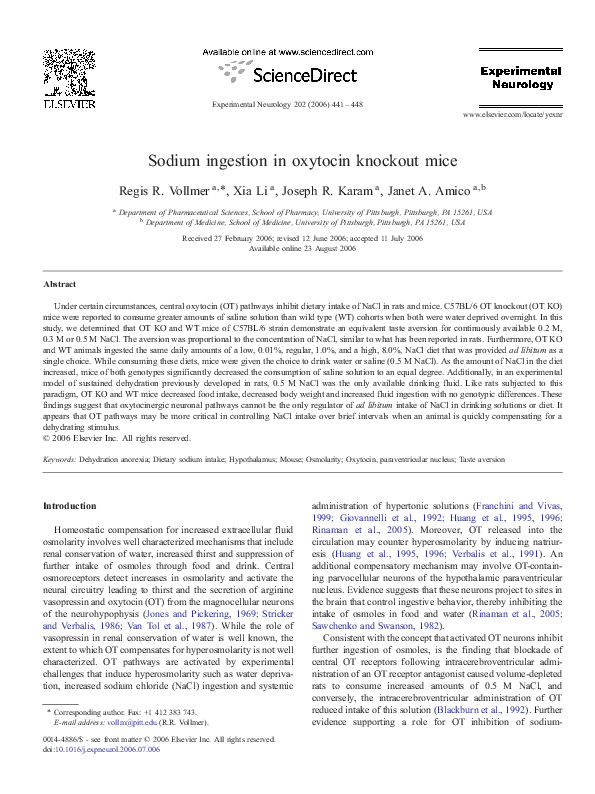 (PDF) Sodium ingestion in oxytocin knockout mice