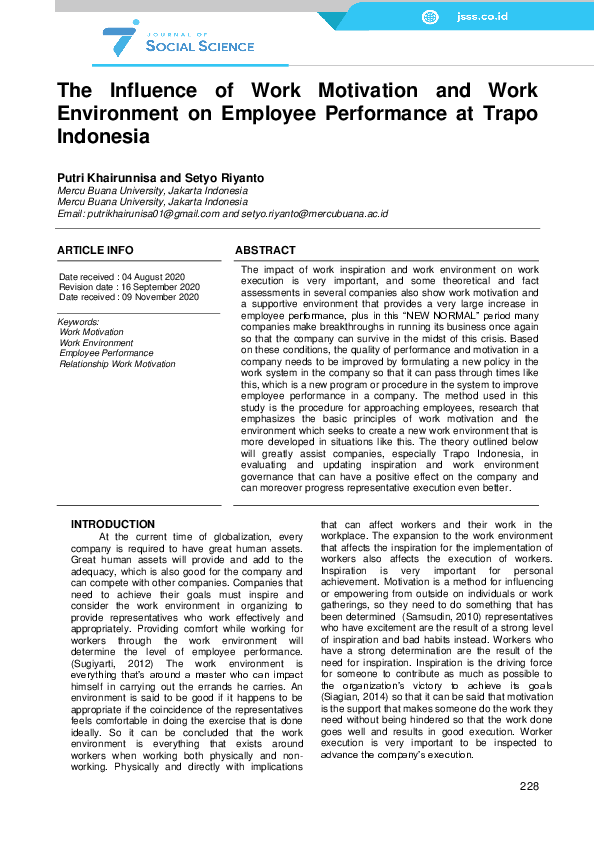 (PDF) The Influence of Work Motivation and Work Environment on Employee ...
