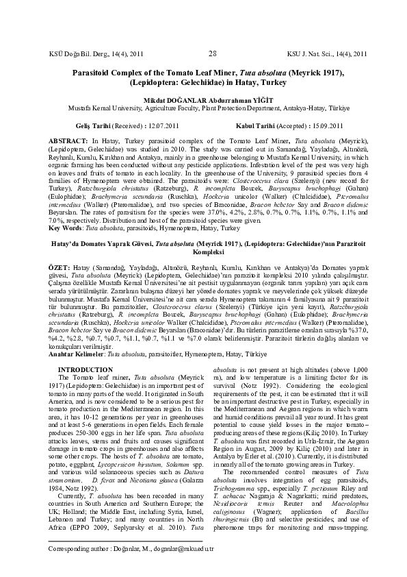 (PDF) Parasitoid Complex of the Tomato Leaf Miner, Tuta absoluta (Meyrick 1917), (Lepidoptera ...