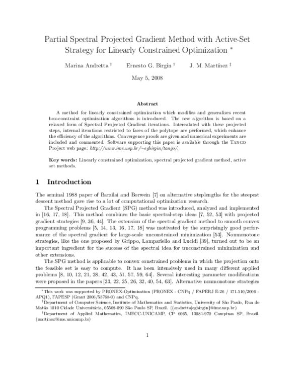 Pdf Partial Spectral Projected Gradient Method With Active Set Strategy For Linearly