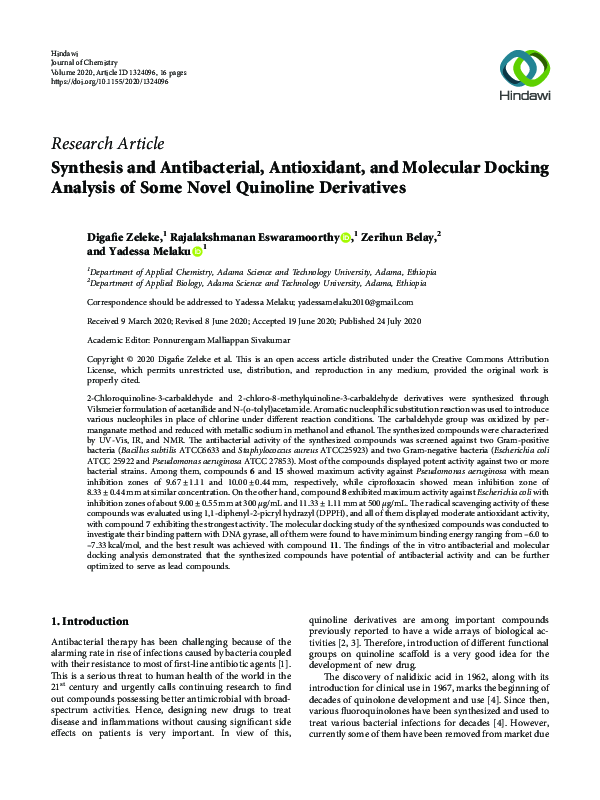 (PDF) Synthesis and Antibacterial, Antioxidant, and Molecular Docking Analysis of Some Novel ...