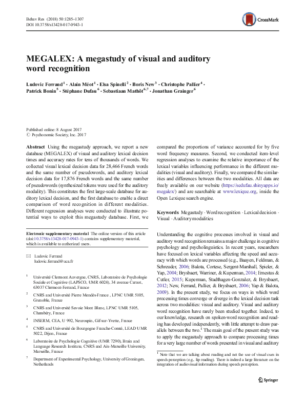(PDF) MEGALEX: A megastudy of visual and auditory word recognition