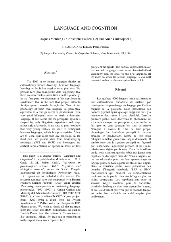 Pdf Language And Cognition