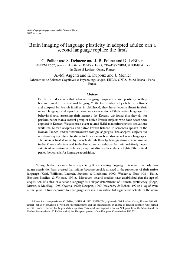 (PDF) Brain Imaging of Language Plasticity in Adopted Adults: Can a ...