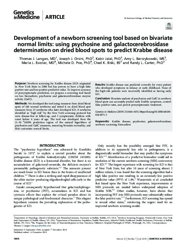 (PDF) Bivariate Screening Tool for Early Detection of Krabbe Disease