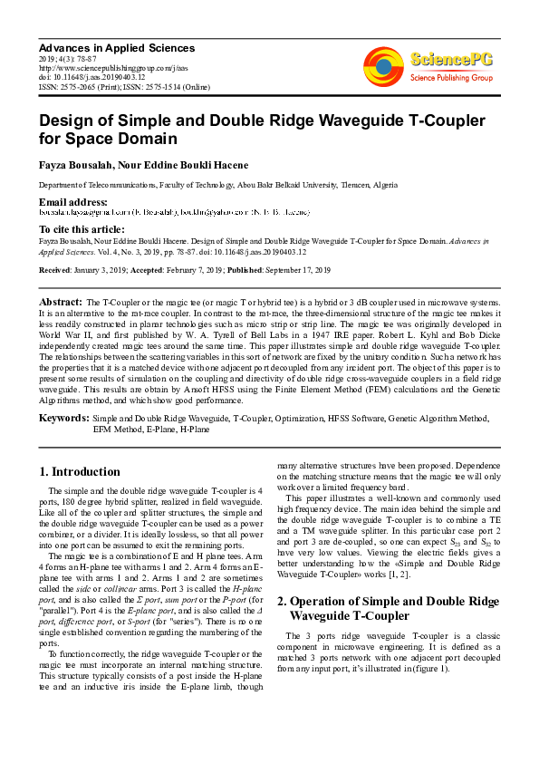 (PDF) Design of Simple and Double Ridge Waveguide T-Coupler for Space ...