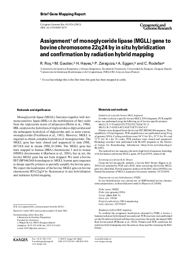 (PDF) Assignment of monoglyceride lipase (MGLL) gene to bovine ...