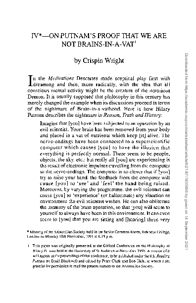(PDF) IV—On Putnam's Proof that We are not Brains-in-a-Vat | Crispin ...