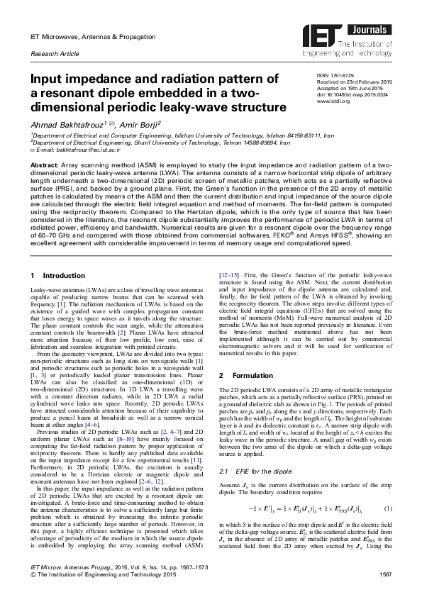 (PDF) Input impedance and radiation pattern of a resonant dipole embedded in a two-dimensional ...