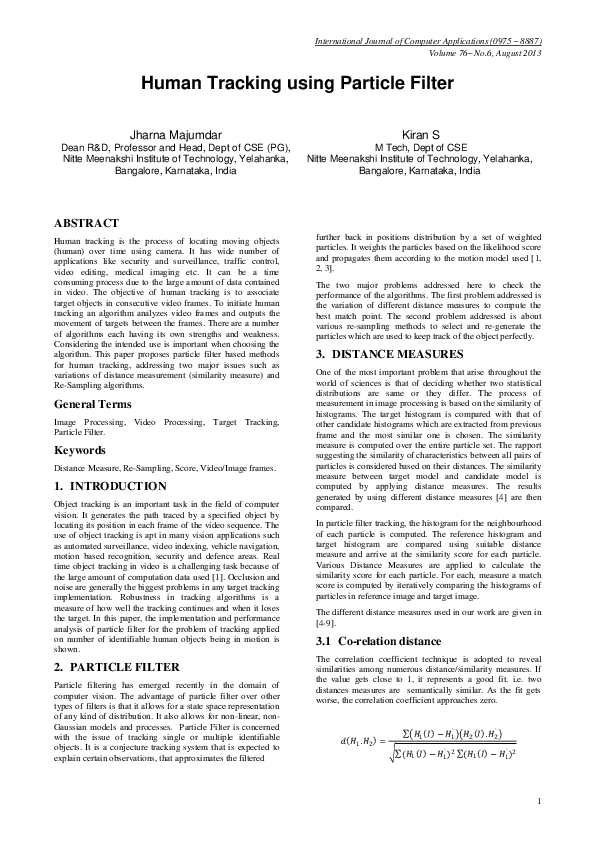 Pdf Particle Filter Approaches For Human Tracking