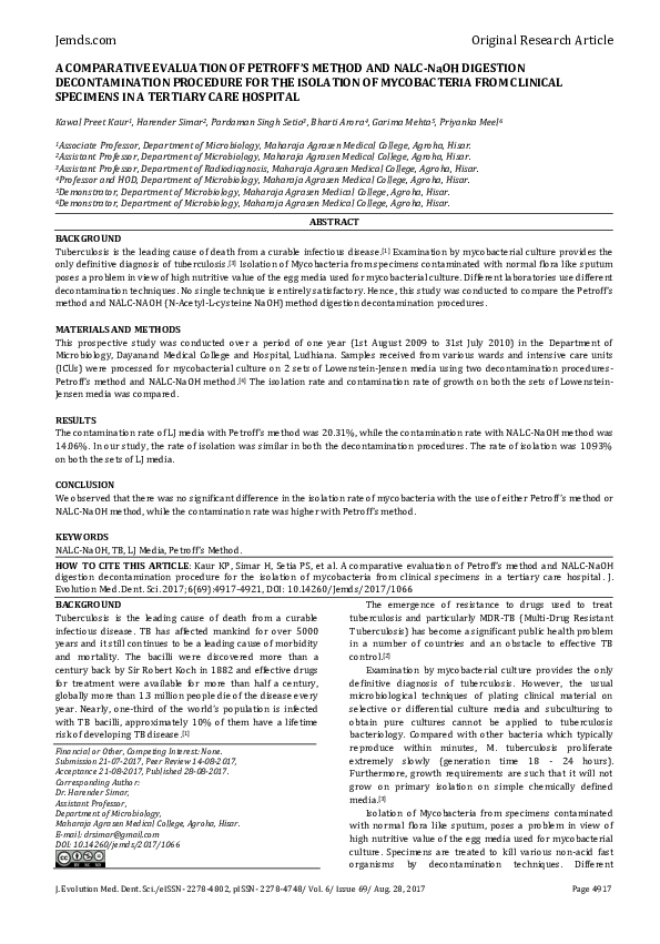 (PDF) A COMPARATIVE EVALUATION OF PETROFF’S METHOD AND NALC-NaOH DIGESTION DECONTAMINATION ...