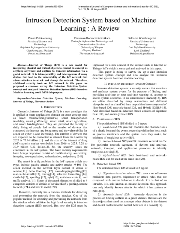 Pdf Intrusion Detection System Based On Machine Learning A Review