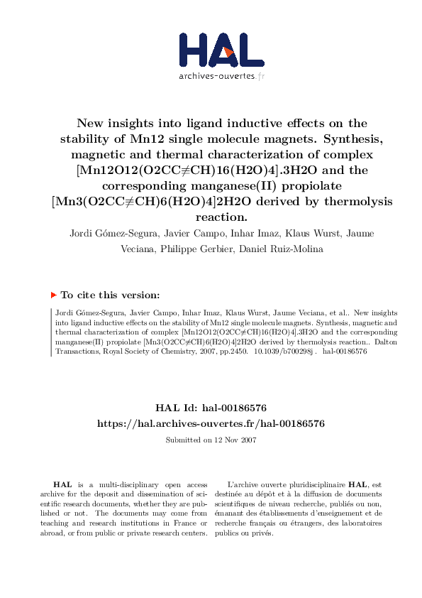 (PDF) New insights into the thermal stability of Mn12 clusters: The ...