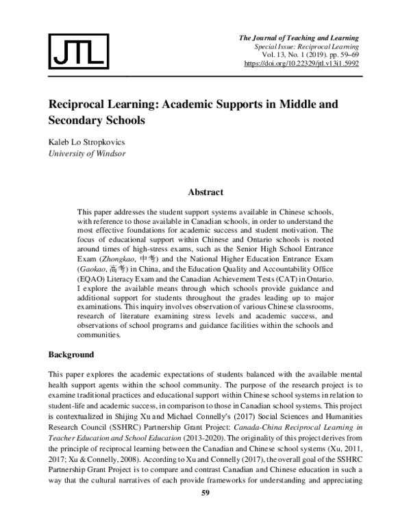 (PDF) Reciprocal Learning: Academic Supports in Middle and Secondary ...