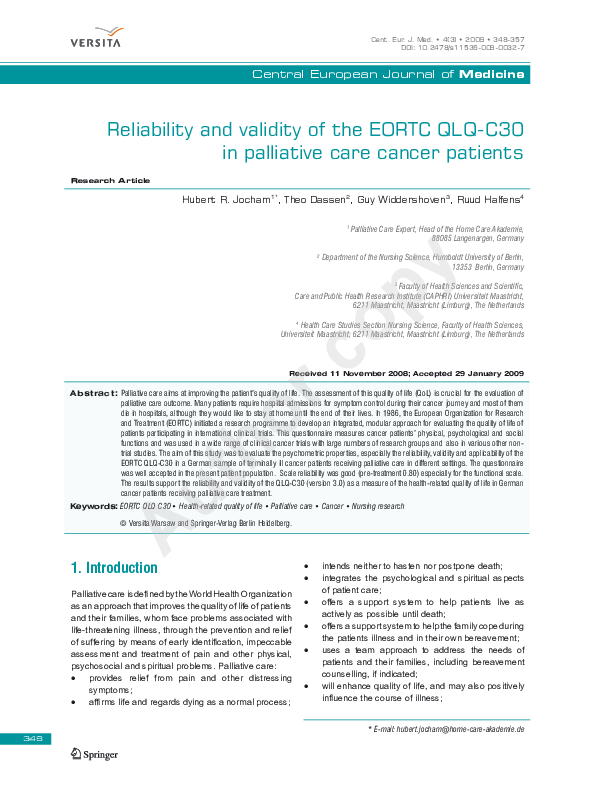 (PDF) Reliability and validity of the EORTC QLQ-C30 in palliative care cancer patients