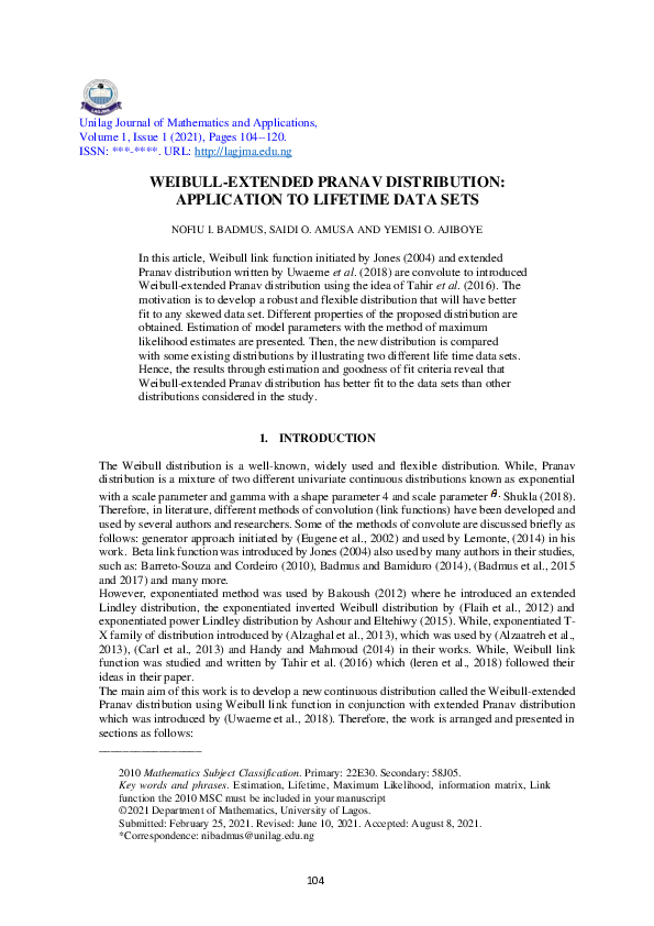 (PDF) WEIBULL-EXTENDED PRANAV DISTRIBUTION: APPLICATION TO LIFETIME DATA SETS