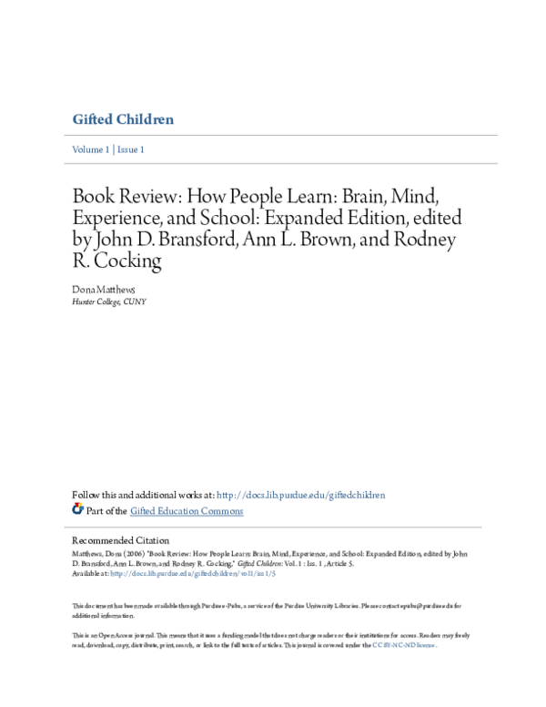 (PDF) Book Review: How People Learn: Brain, Mind, Experience, and ...