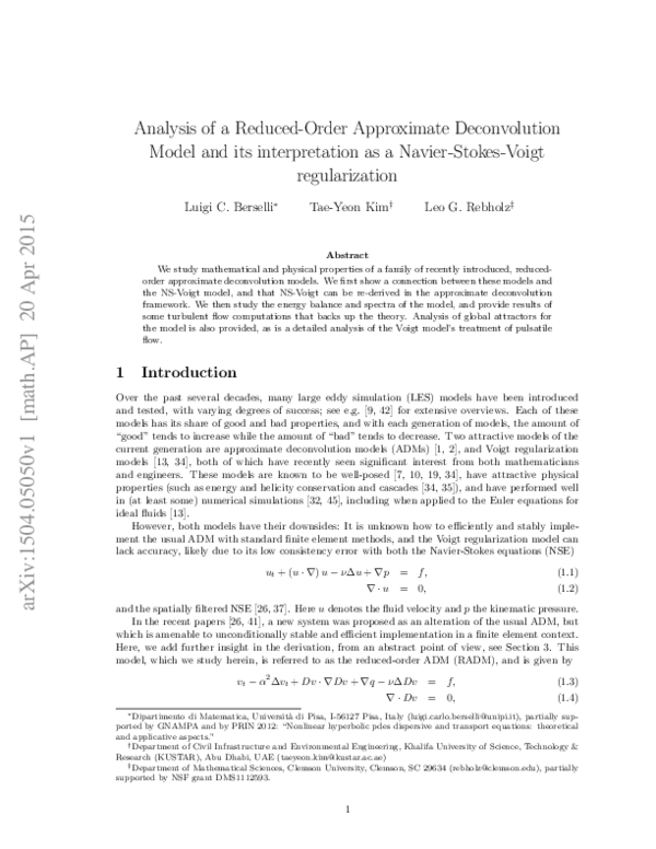 Pdf Analysis Of A Reduced Order Approximate Deconvolution Model And Its Interpretation As A