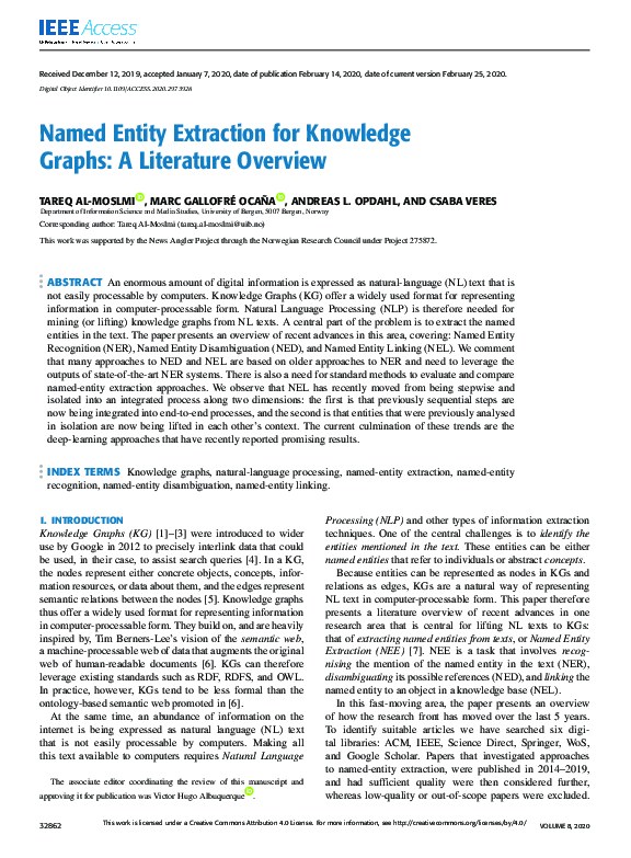 (PDF) Named Entity Extraction for Knowledge Graphs: A Literature Overview