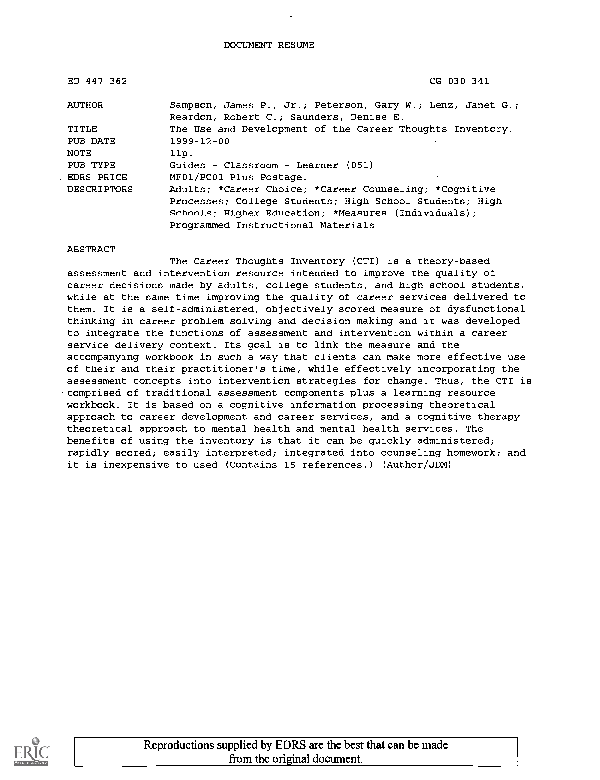 (PDF) The Use and Development of the Career Thoughts Inventory