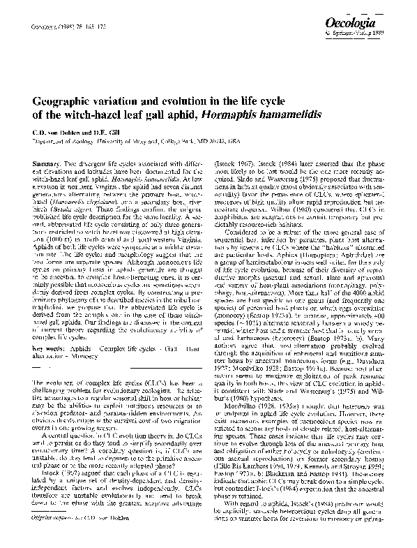 Geographic variation and evolution in the life cycle of the witch-hazel ...