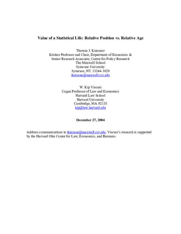 (PDF) Value of a Statistical Life: Relative Position vs. Relative Age