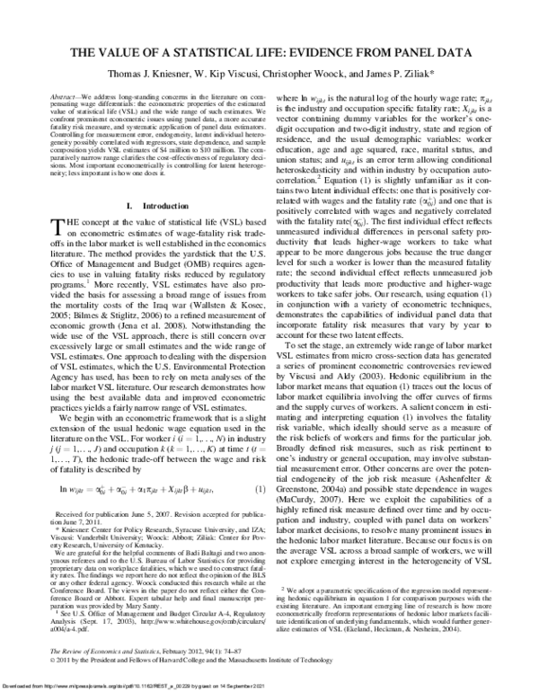 (PDF) The Value of a Statistical Life: Evidence from Panel Data