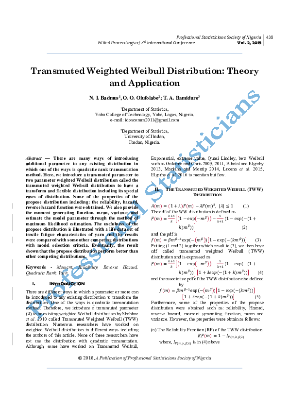 (PDF) Transmuted Weighted Weibull Distribution: Theory and Application
