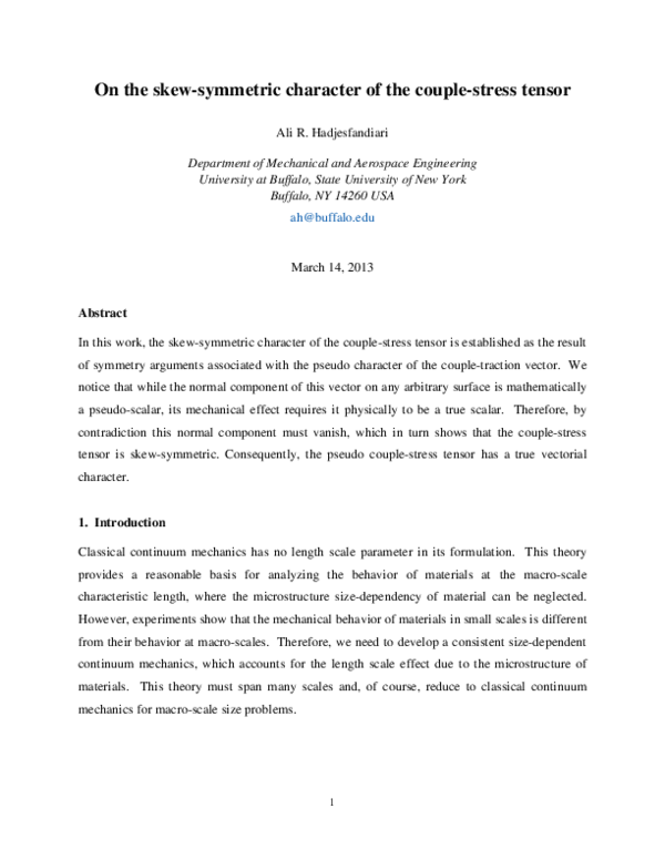 (PDF) On the skew-symmetric character of the couple-stress tensor