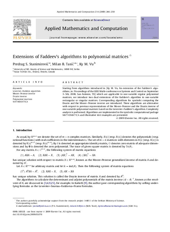 (PDF) Extensions of Faddeev's algorithms to polynomial matrices