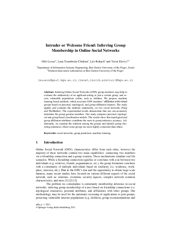 (PDF) Intruder or Welcome Friend: Inferring Group Membership in Online ...