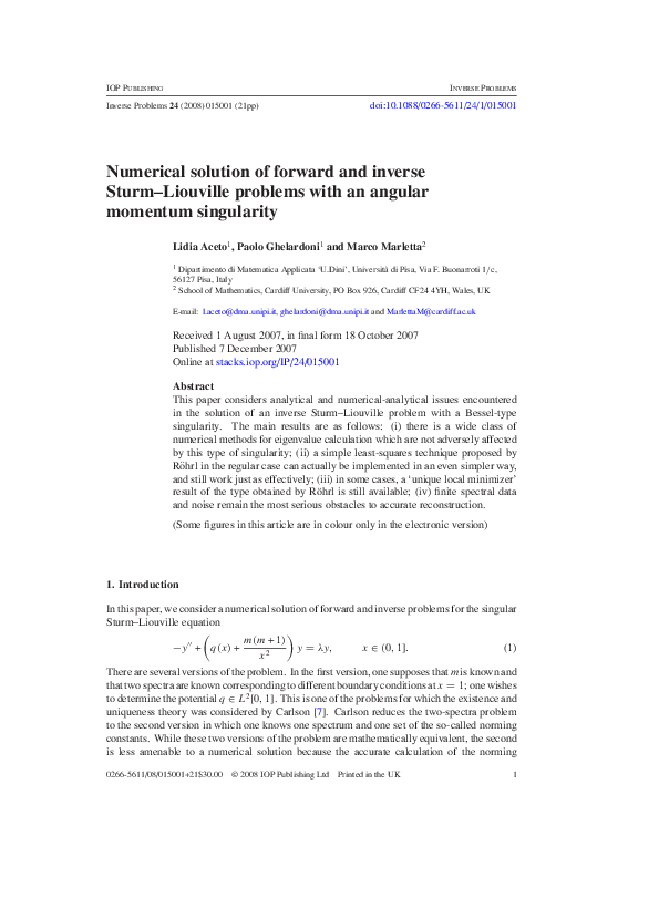 Pdf Numerical Solution Of Forward And Inverse Sturmliouville Problems With An Angular