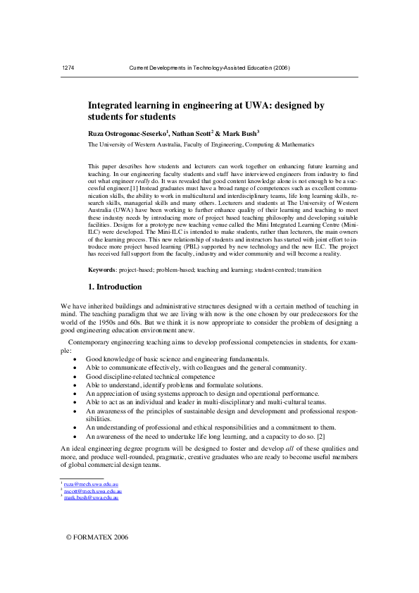 (PDF) Integrated learning in engineering at UWA: designed by students ...