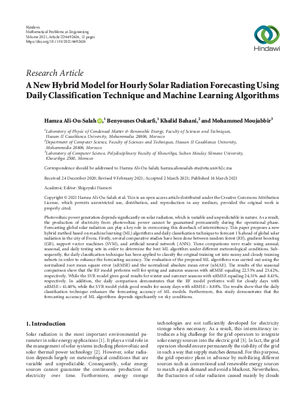 (PDF) A New Hybrid Model for Hourly Solar Radiation Forecasting Using Daily Classification ...