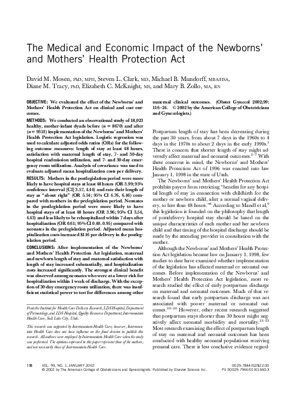 (PDF) The medical and economic impact of the newborns' and mothers ...