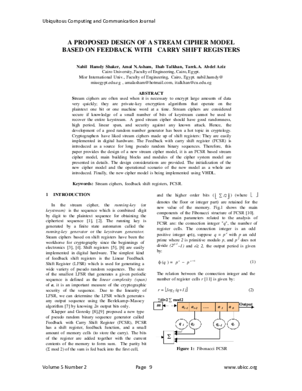 Pdf A Proposed Design Of A Stream Cipher Model Based On Feedback With Carry Shift Registers 2157