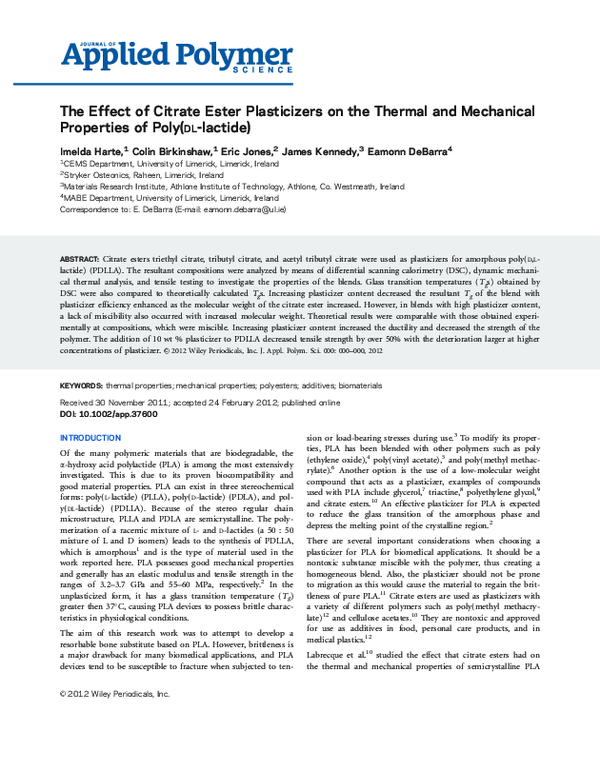 (PDF) The effect of citrate ester plasticizers on the thermal and mechanical properties of poly ...