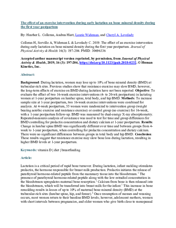 (PDF) The Effect of an Exercise Intervention During Early Lactation on ...