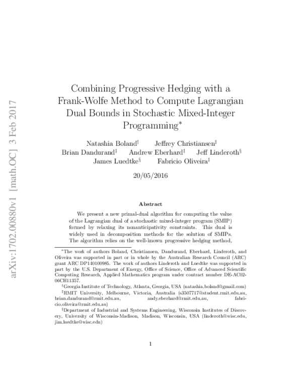 Pdf Combining Progressive Hedging With A Frank Wolfe Method To Compute Lagrangian Dual Bounds